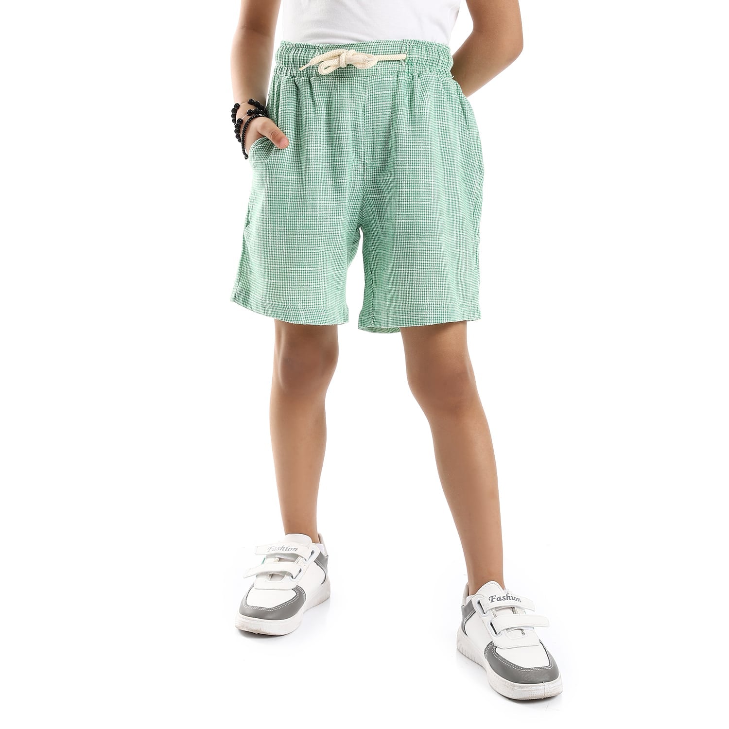 Elastic Waist With Drawstring Green & White Boys Shorts